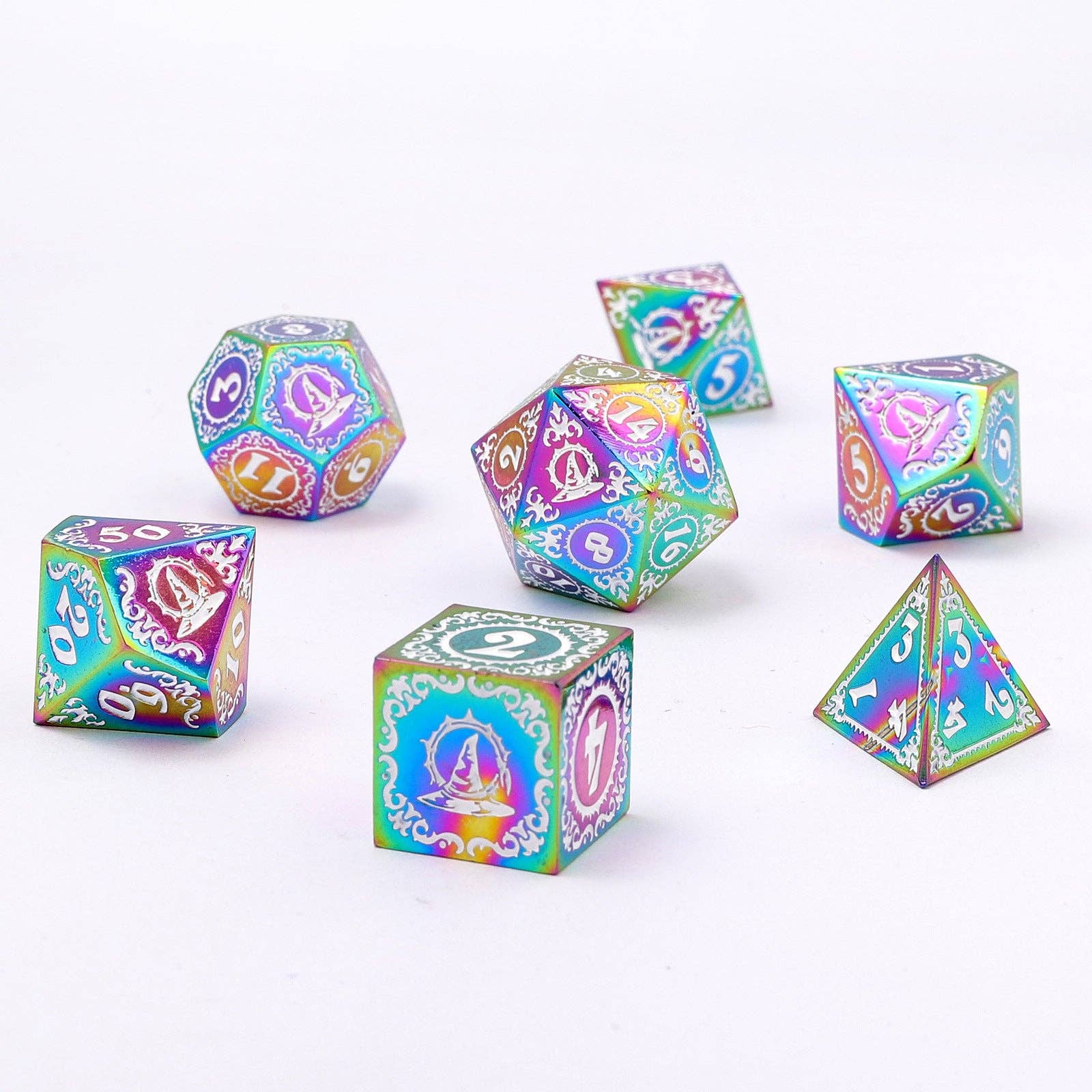 Wizard Solid Metal Polyhedral Dice Set - Rainbow with White – Dragon Guild